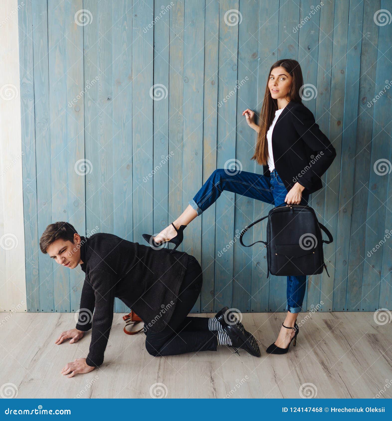 The Girl Put Her Foot on the Guy`s Back Stock Photo - Image of desire ...