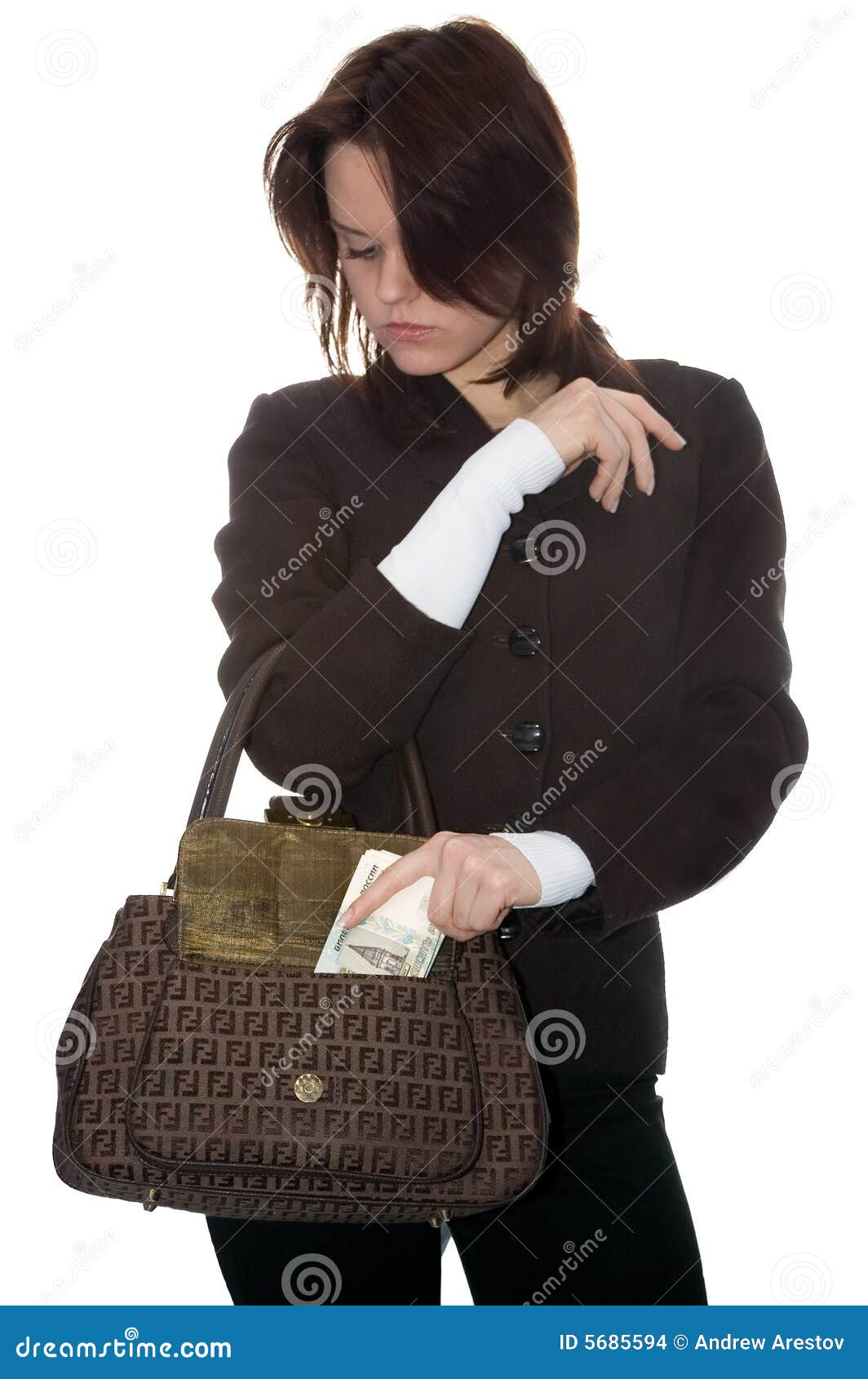 The Girl Puts Money in a Bag Stock Photo - Image of accounting, finance ...