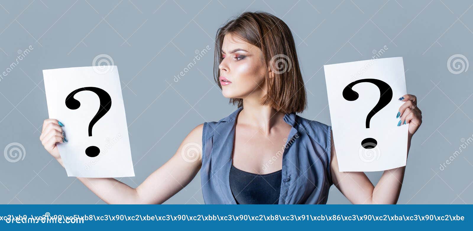 Girl Question. Woman with Doubtful Expression and Question Marks ...