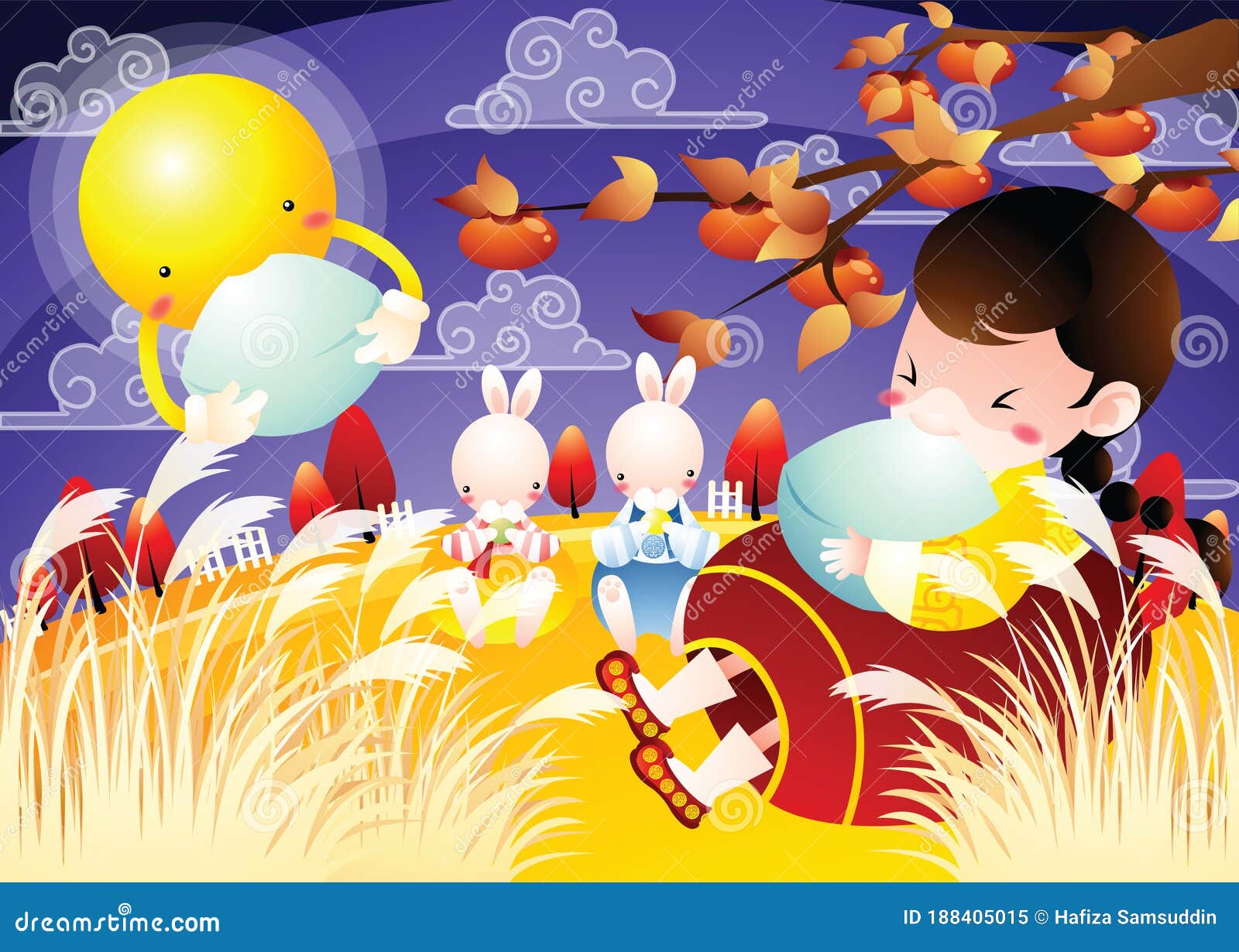 Girl and Rabbits Eating with the Moon. Vector Illustration Decorative ...