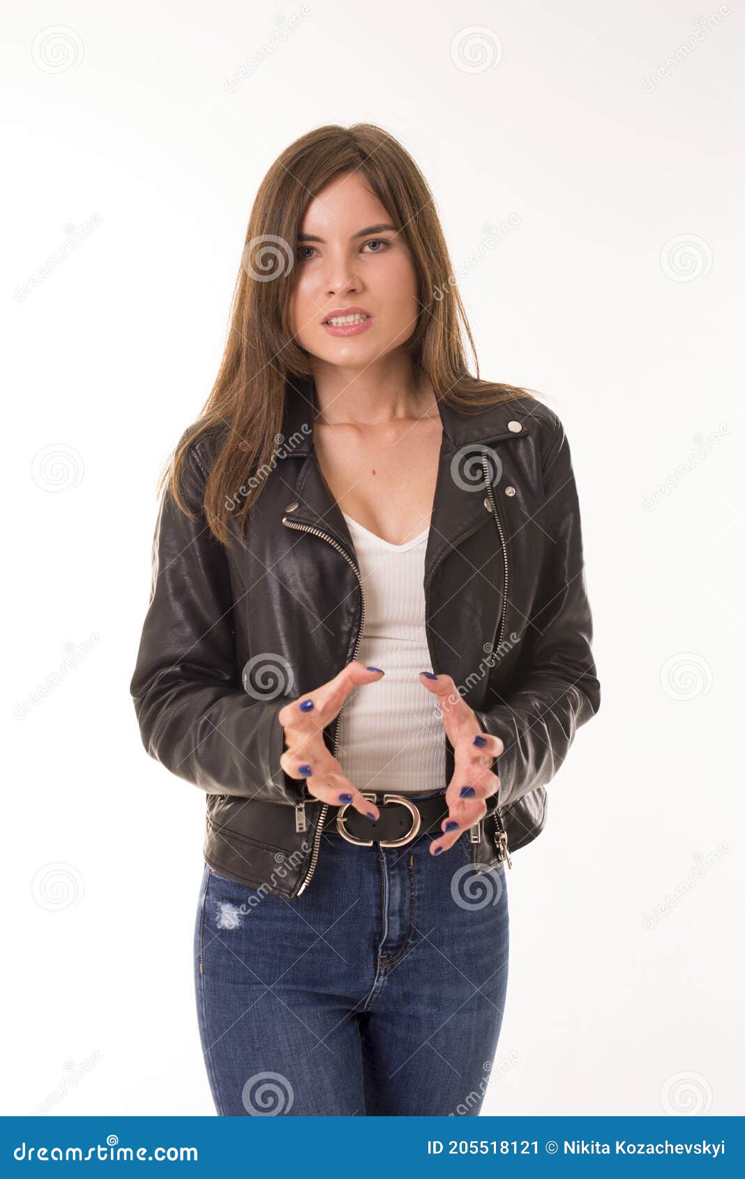 Girl in a Rage Stands on a White Background Stock Image - Image of ...