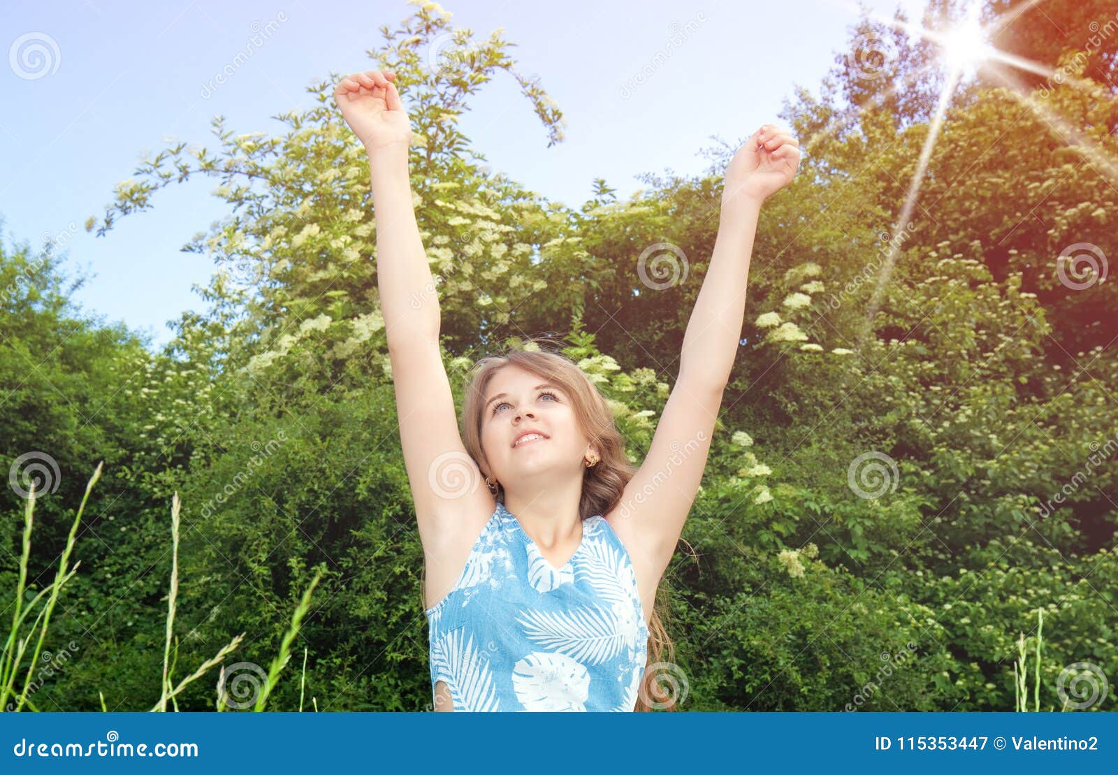 Girl with raised arms stock image. Image of young, meadow - 115353447