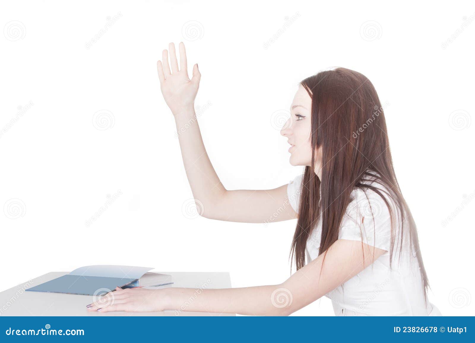 Girl raises her hand stock photo. Image of class, raise - 23826678