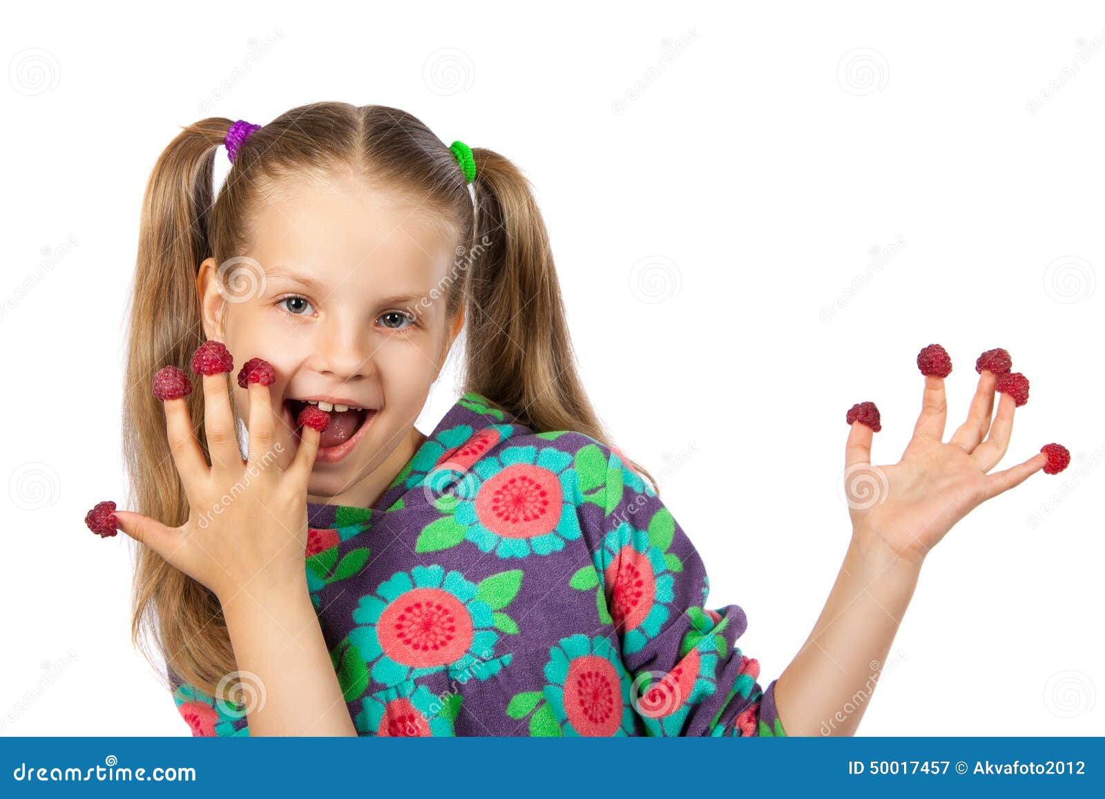 Girl with Raspberries on Fingers Stock Image - Image of fruit ...