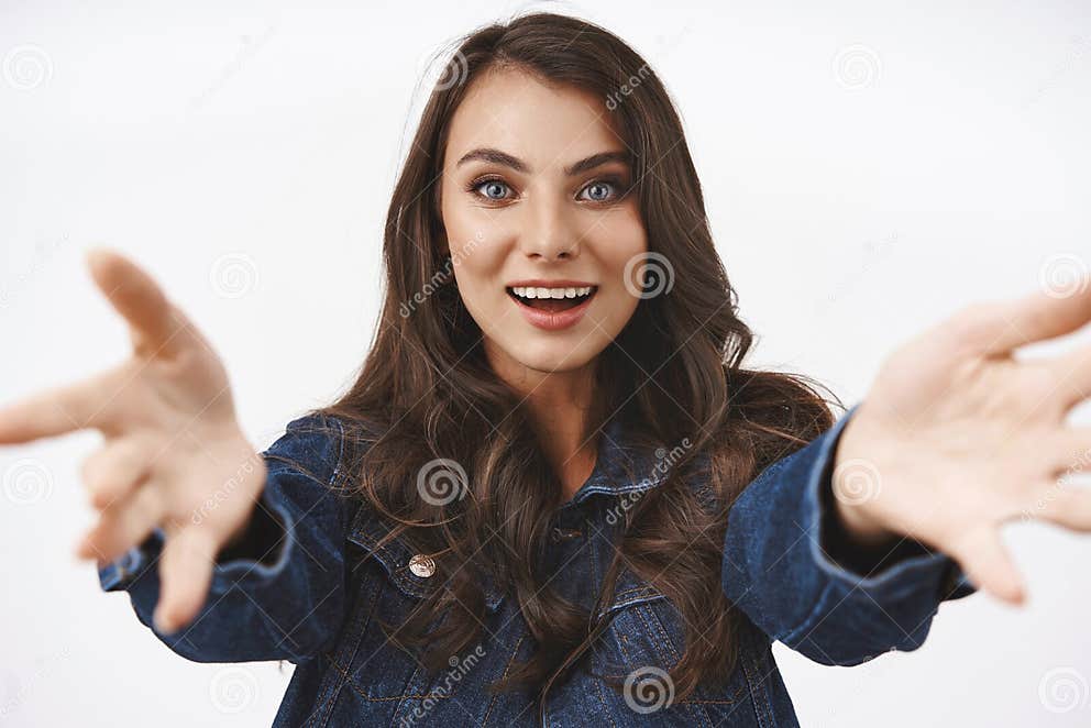 Girl Reaching To You Attractive Feminine Young Woman Stretching Hands Want Catch Or Hold