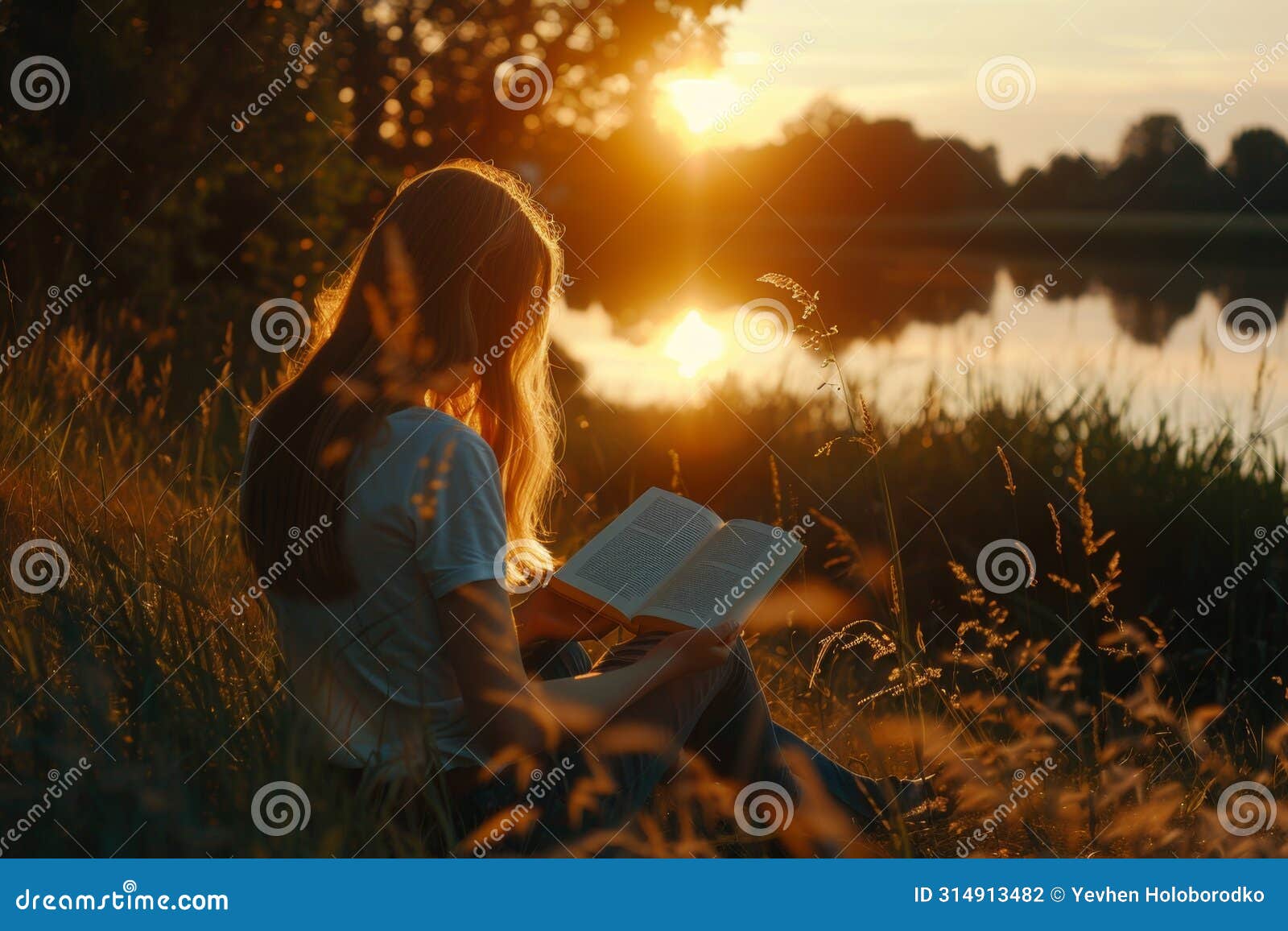 Girl is Reading Boock. Sunset Summer Day Stock Illustration ...