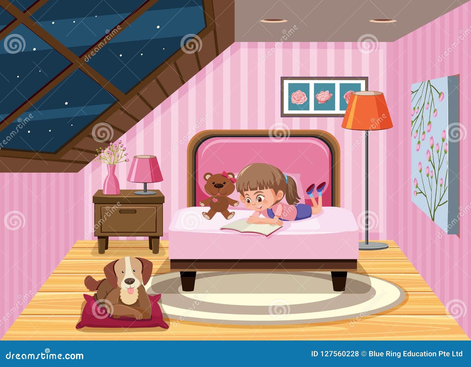 A Girl Reading Book on the Bed Stock Vector - Illustration of book ...