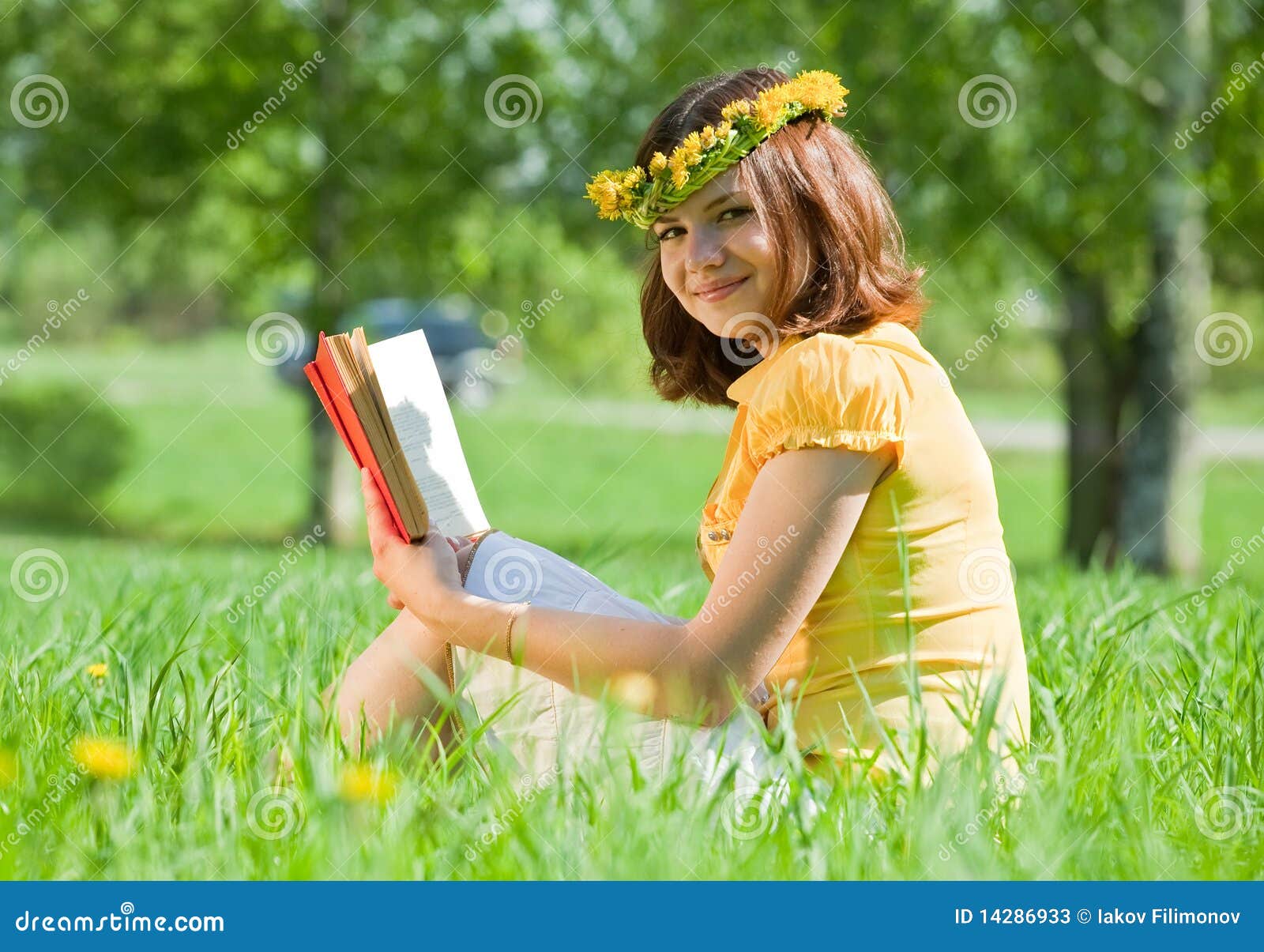 Girl reading book in grass stock image. Image of portrait - 14286933