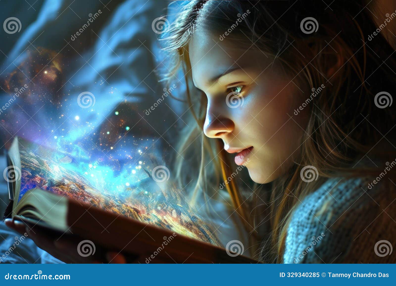 A Girl Reading a Book with Her Imagination Showing Around Her, AI ...