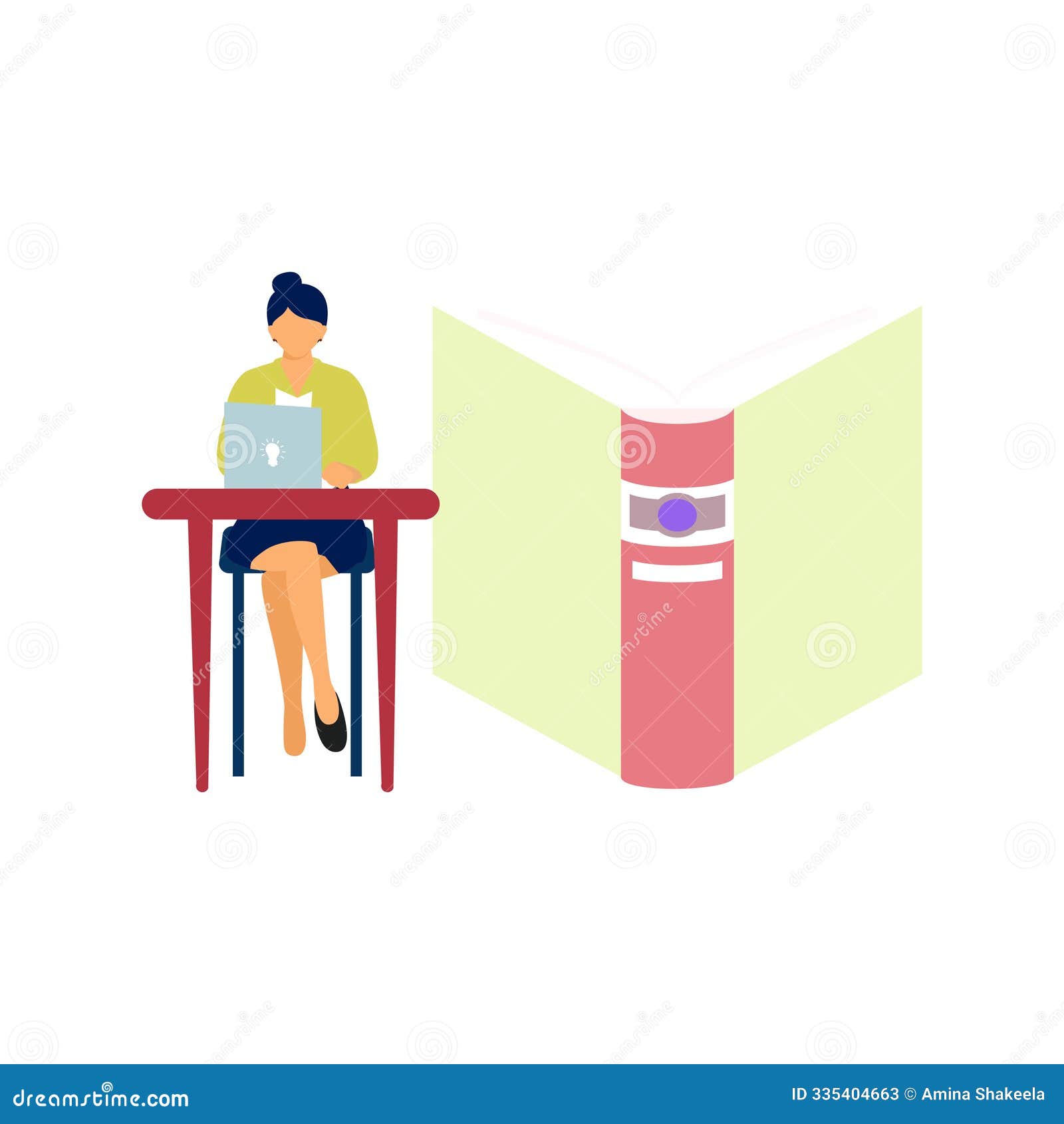 A Girl is Reading a Book on Laptop Stock Illustration - Illustration of ...