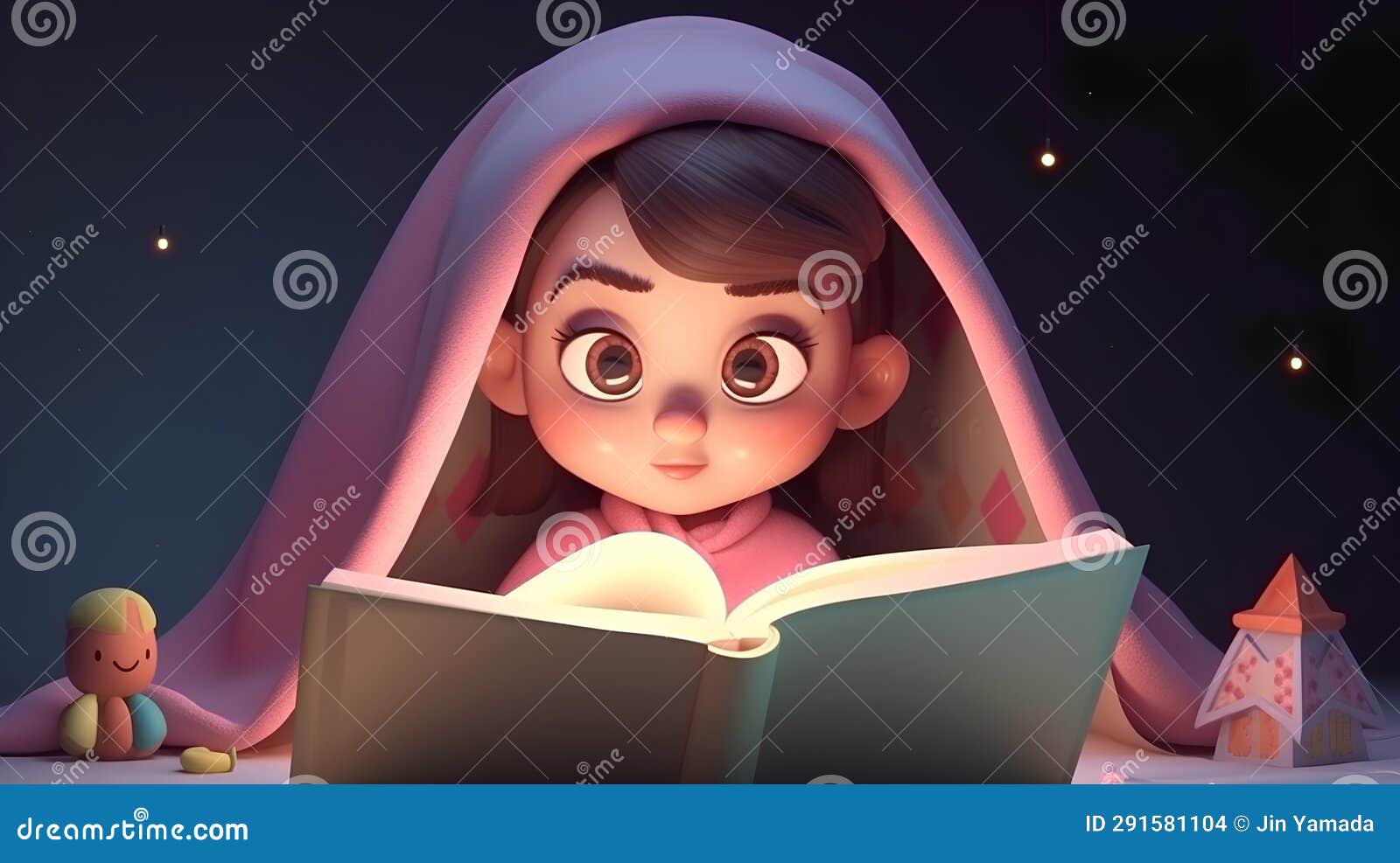Girl Reading a Book in the Night,3d Render,illustration Stock ...