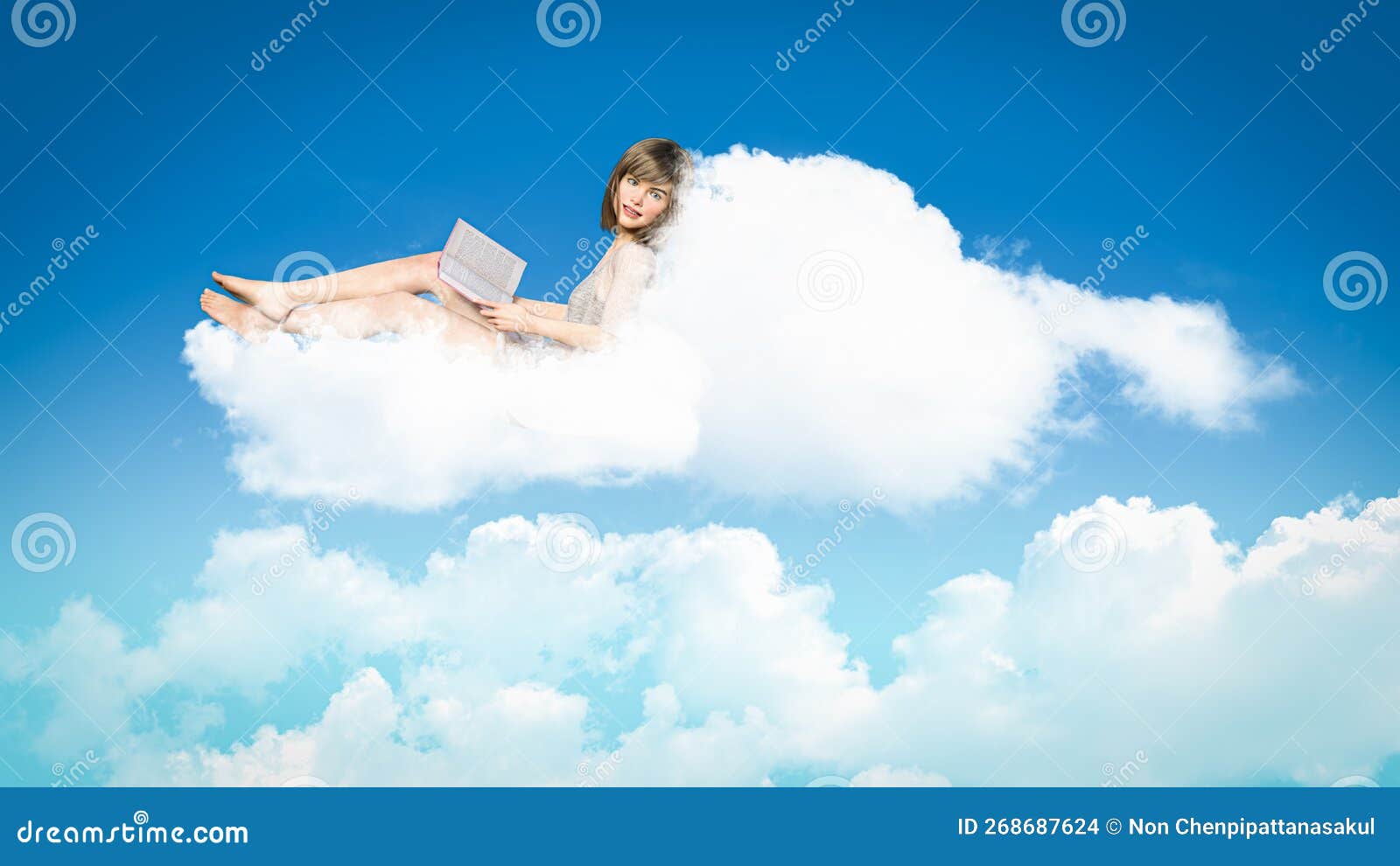 Girl Reading a Book while Relaxing on a Cloud. 3d Illustration Stock ...