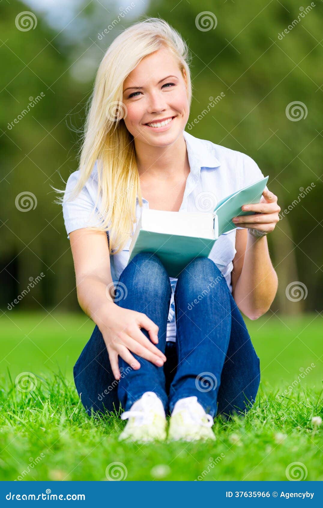 Girl Reading Book Sits on the Grass Stock Photo - Image of leisure ...