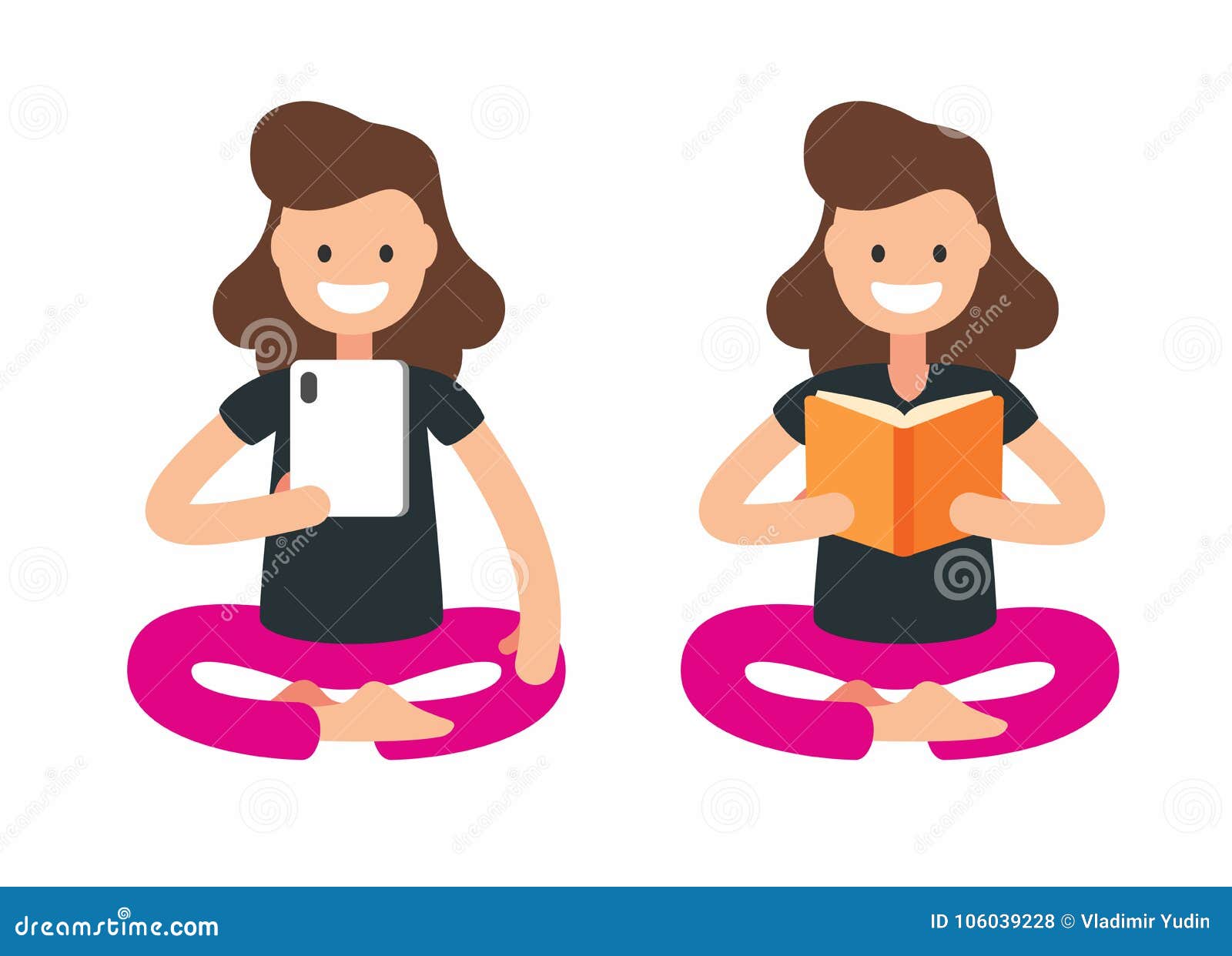 Girl Reading Book Using Mobile Phone. Stock Vector - Illustration of ...