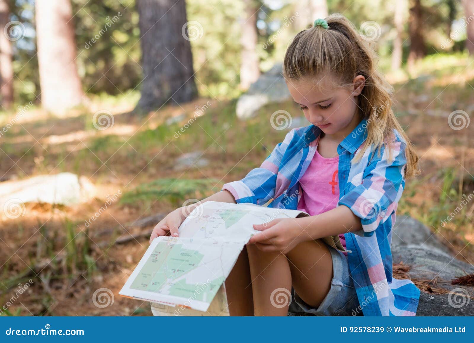 Girl Reading the Map in the Forest Stock Image - Image of countryside ...