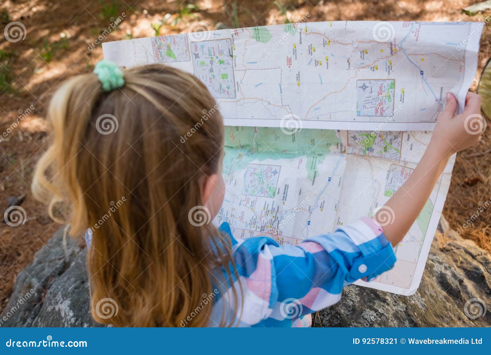 Girl Reading the Map in the Forest Stock Image - Image of caucasian ...