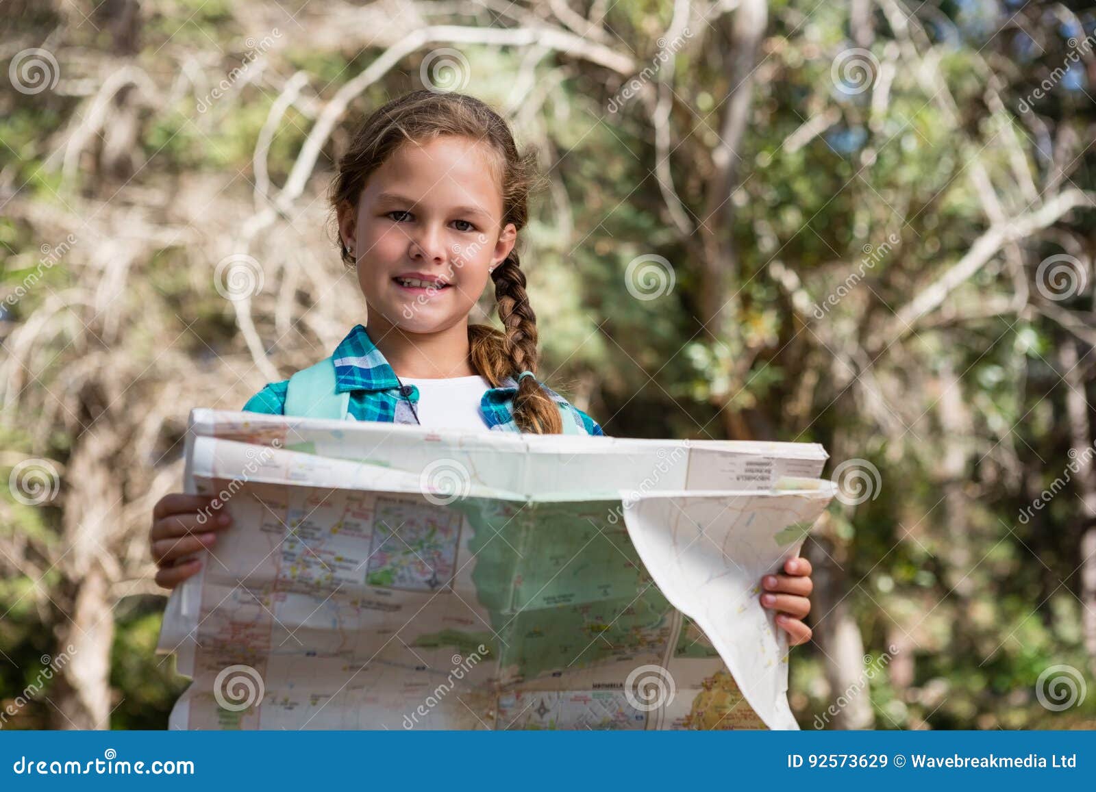 Girl Reading the Map in the Forest Stock Image - Image of female ...