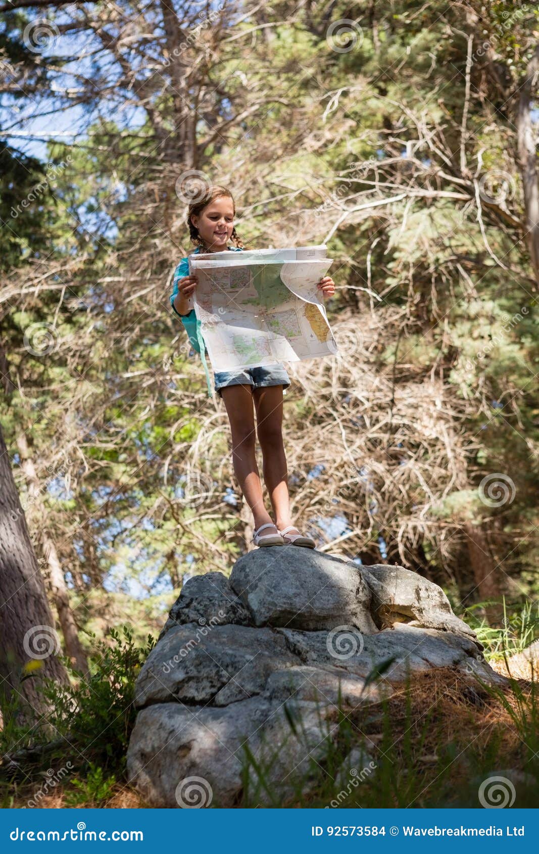 Girl Reading the Map in the Forest Stock Photo - Image of caucasian ...