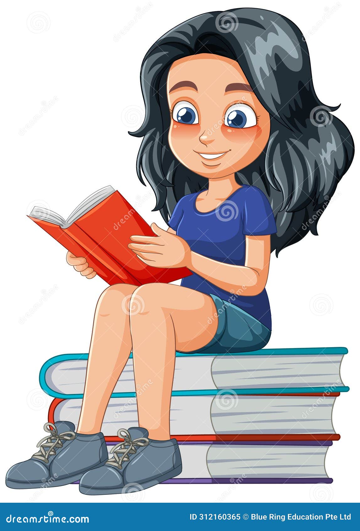 A Girl Reading on a Stack of Books Stock Illustration - Illustration of ...