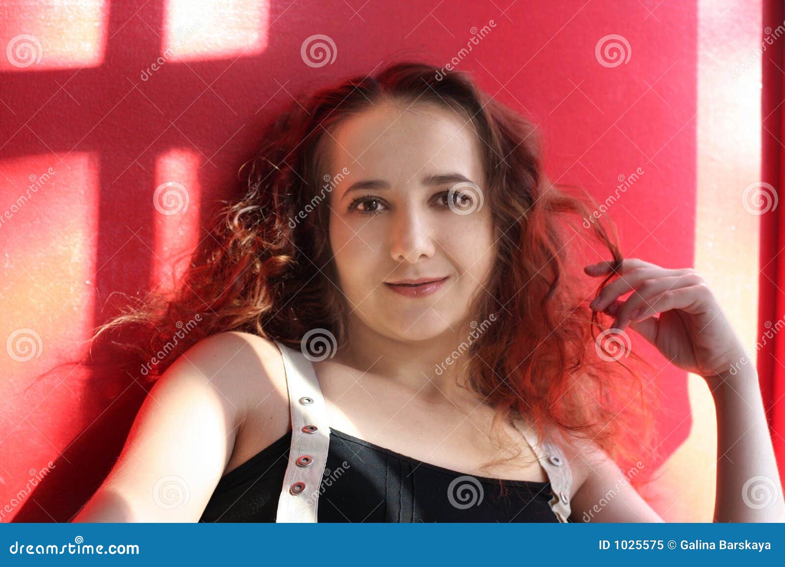 Girl on red stock image. Image of smiling, dreaming, dramatic - 1025575