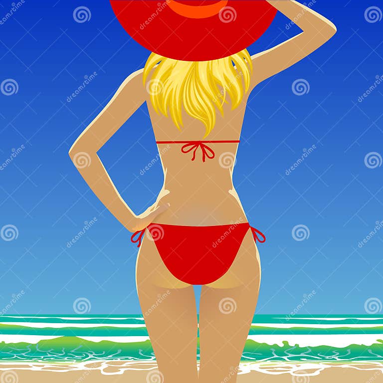 Girl In Red Bathing Suit And Hat Looking At The Sea Stock Vector Illustration Of Looking Body
