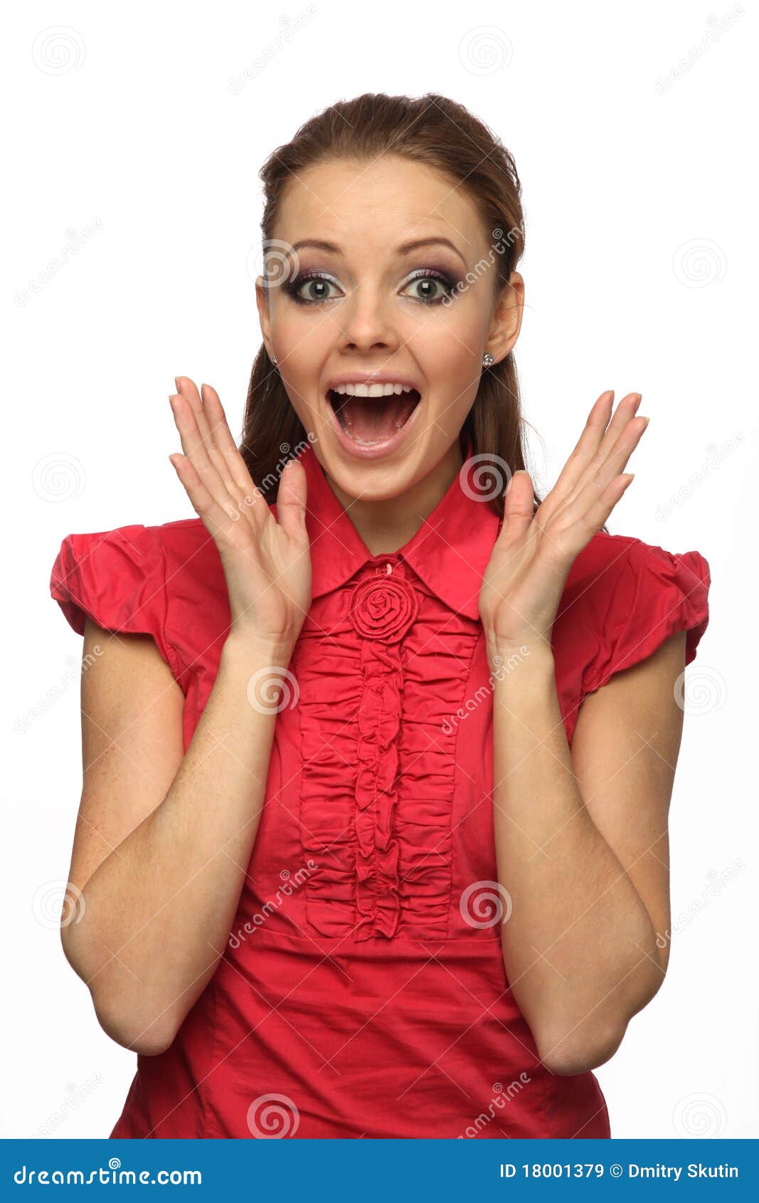 Girl in Red Blouse Happily Surprised Stock Image - Image of hands ...