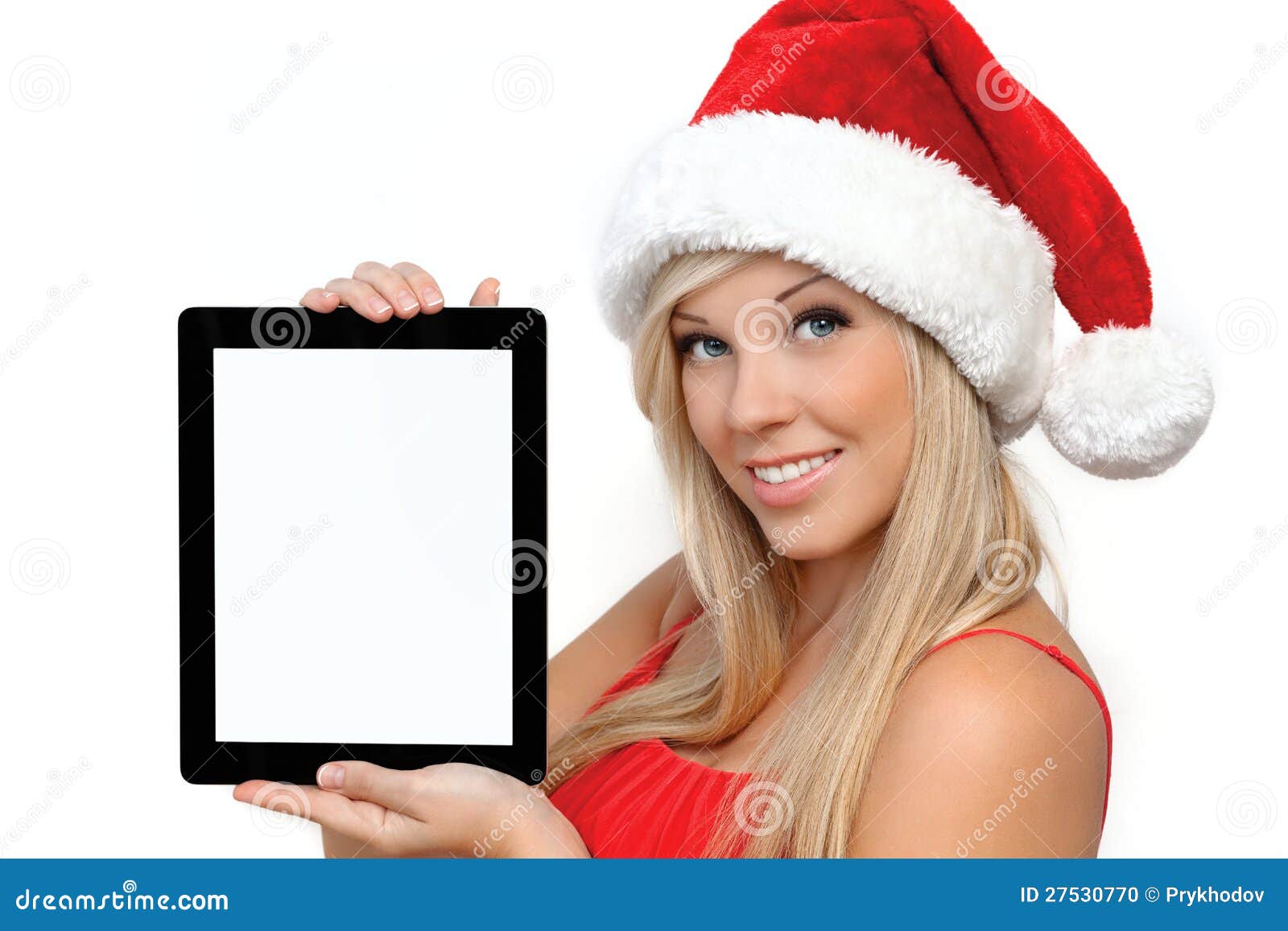 Girl in a Red Christmas Hat, Holding Tablet Touch Stock Photo - Image ...