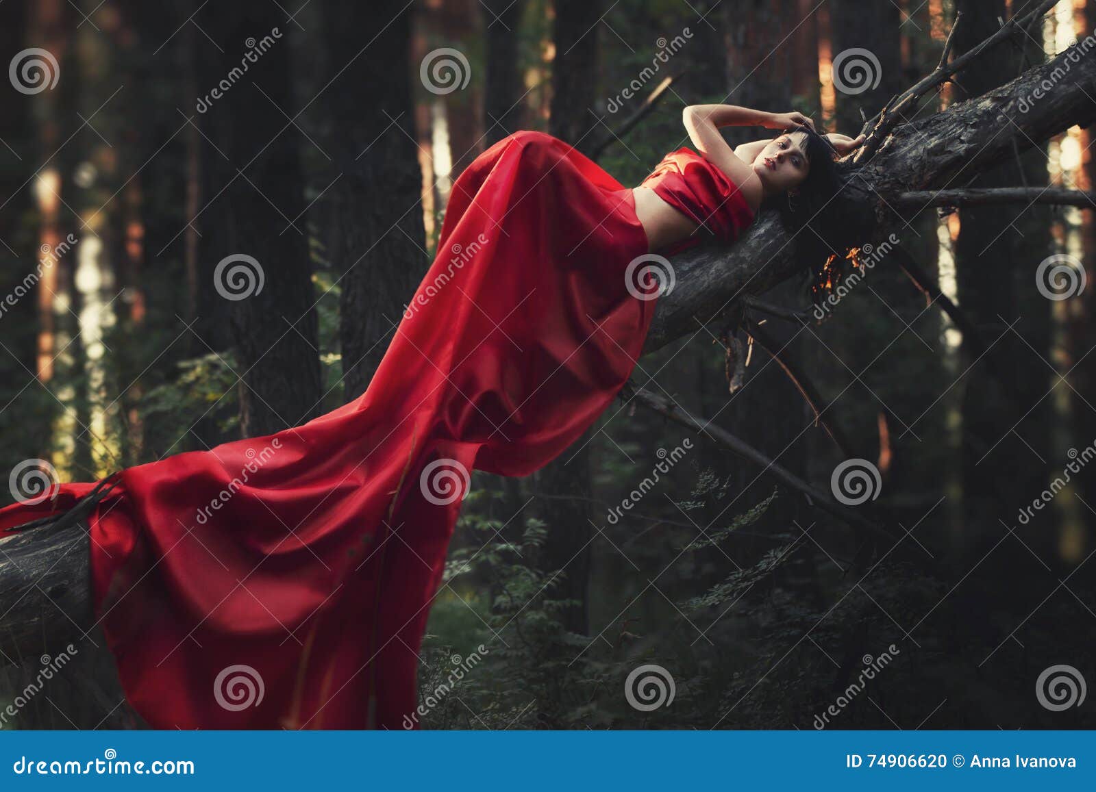 Girl in the Red Dress in the Forest Stock Photo - Image of model ...