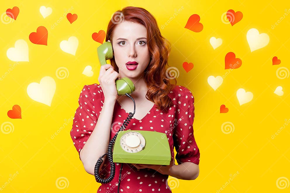Girl In Red Dress With Green Dial Phone And Hearts Stock Image Image