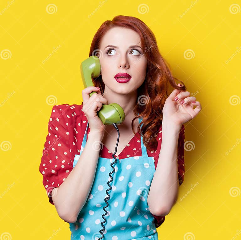 Girl In Red Dress With Green Dial Phone Stock Image Image Of Call