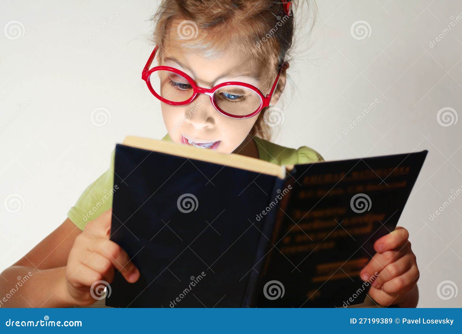 Girl in Red Glasses Read Blue Book Stock Image - Image of blue, glass ...