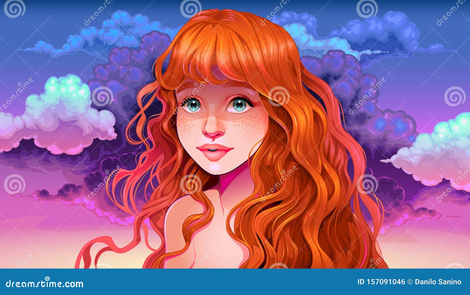Girl With Red Hair And Freckles In The Sunset Stock Vector