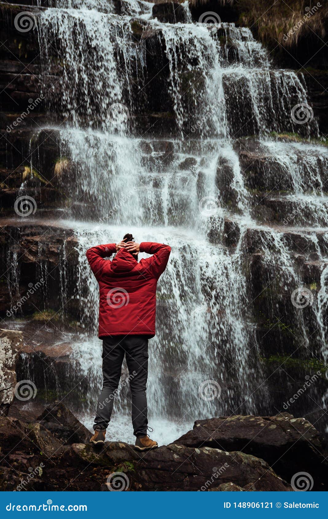 Girl in Red Jacket by the Waterfall Stock Image - Image of person ...