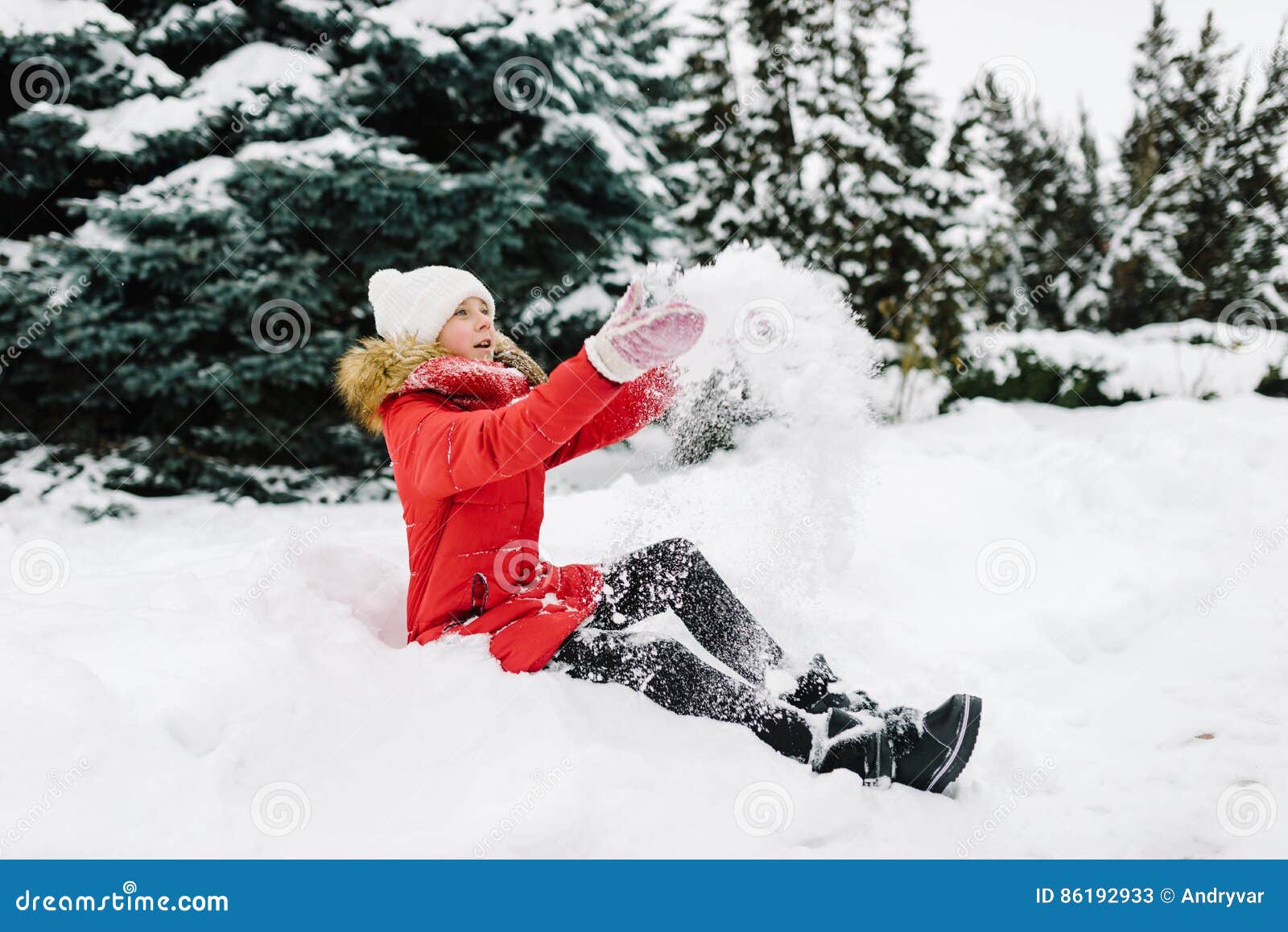 Girl in a Red Jacket in Winter Stock Image - Image of beliy, fashion ...