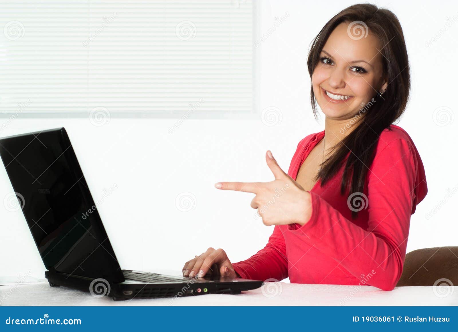 Girl in the Red with a Laptop Stock Image - Image of computer, casual ...
