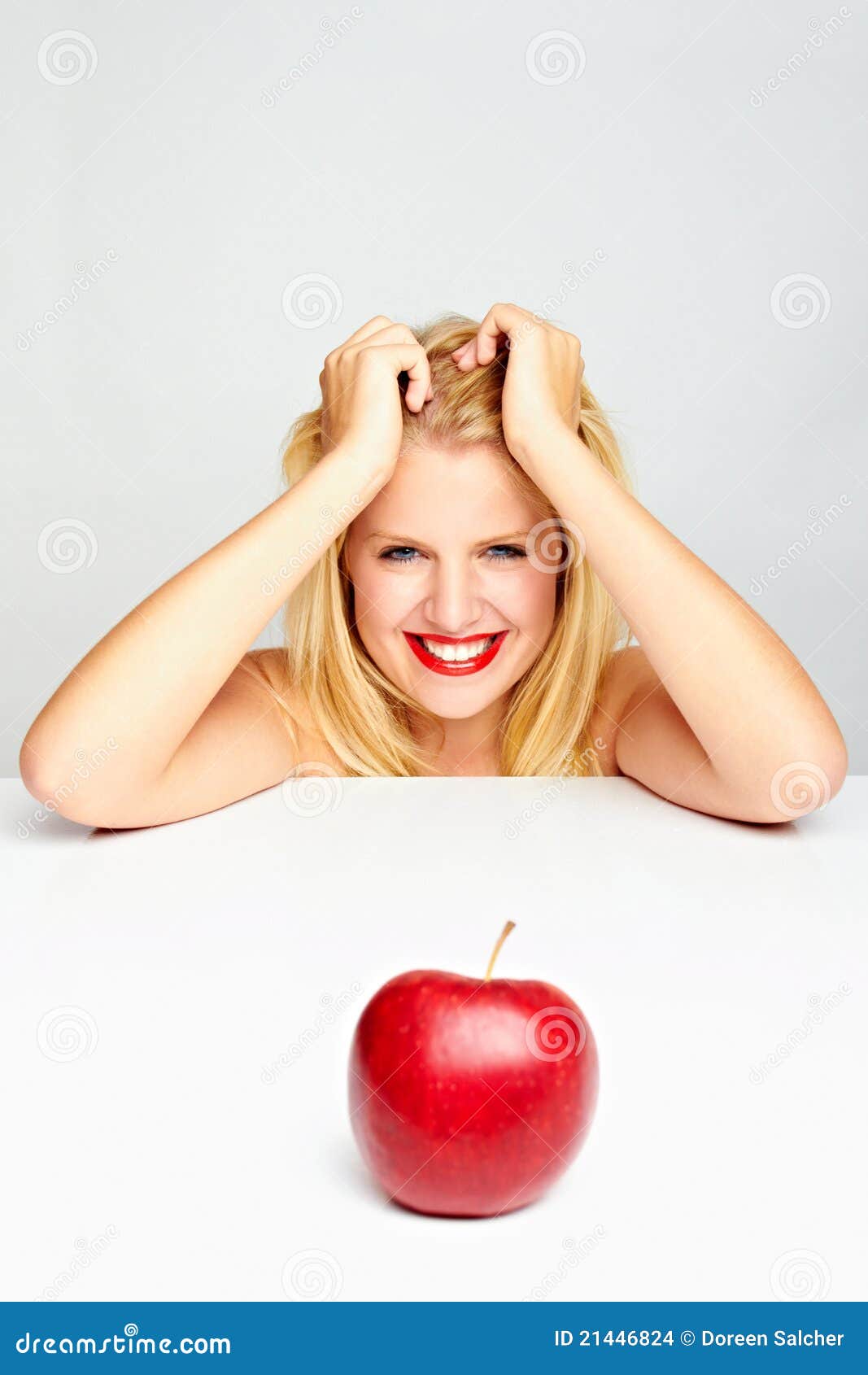 Girl with Red Lips and a Red Apple Stock Photo - Image of beautiful ...