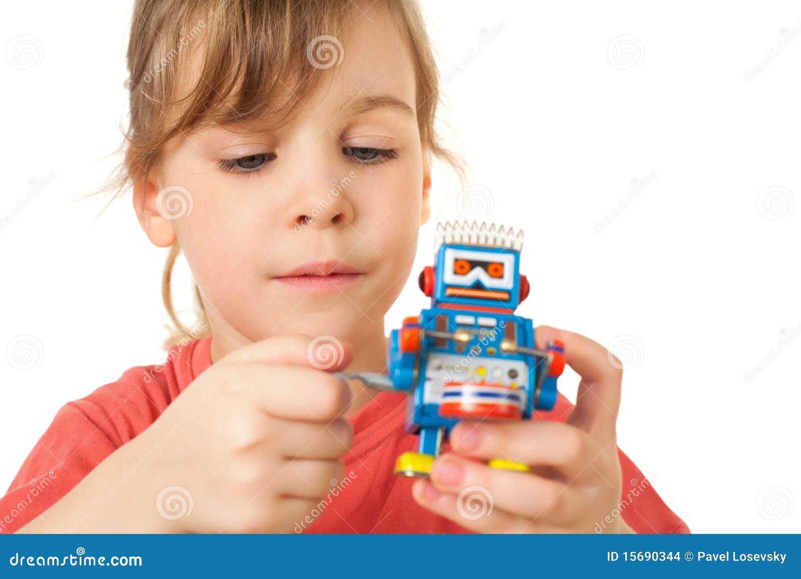 Girl in Red T-shirt Plays with Clockwork Robot Stock Photo - Image of ...