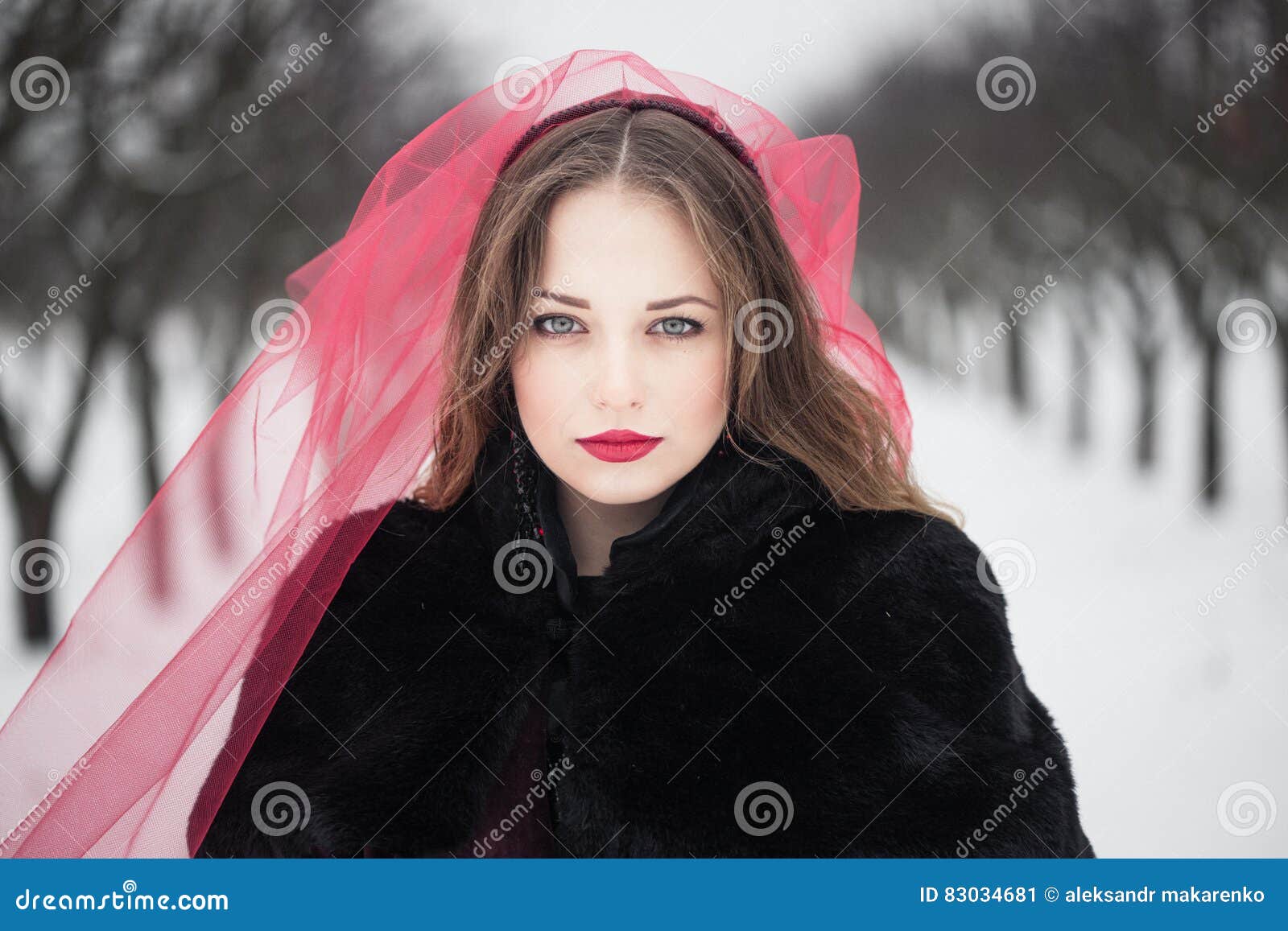 Girl in a Red Veil on the Snow in the Winter Stock Image - Image of ...