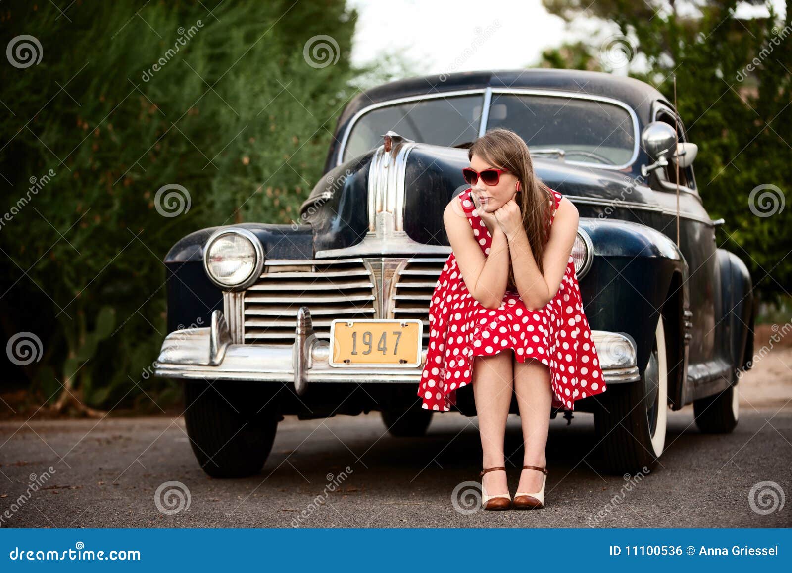Girl in Red with Vintage Car Stock Photo - Image of stare, glasses ...