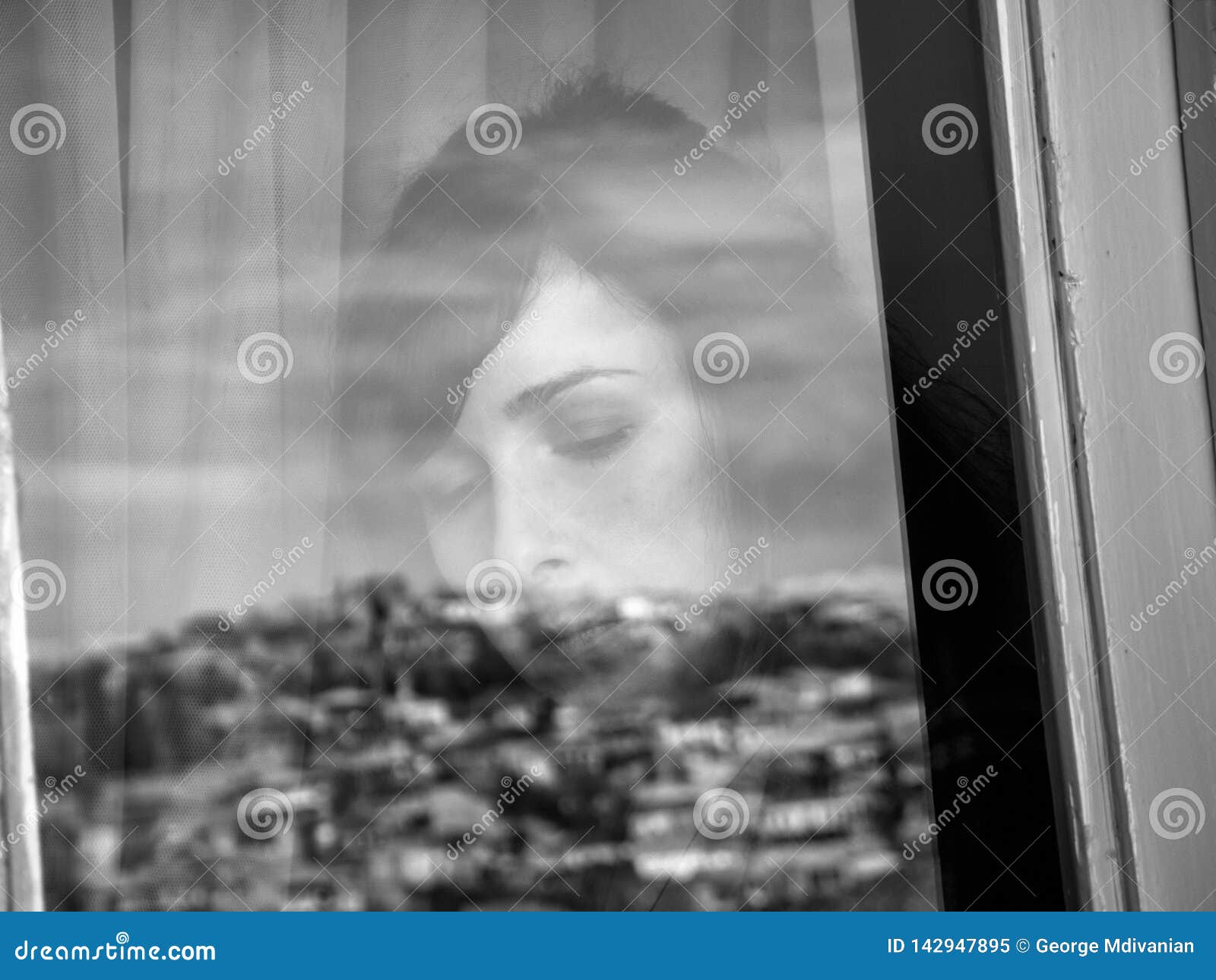 Girl reflection in window stock image. Image of attractive - 142947895