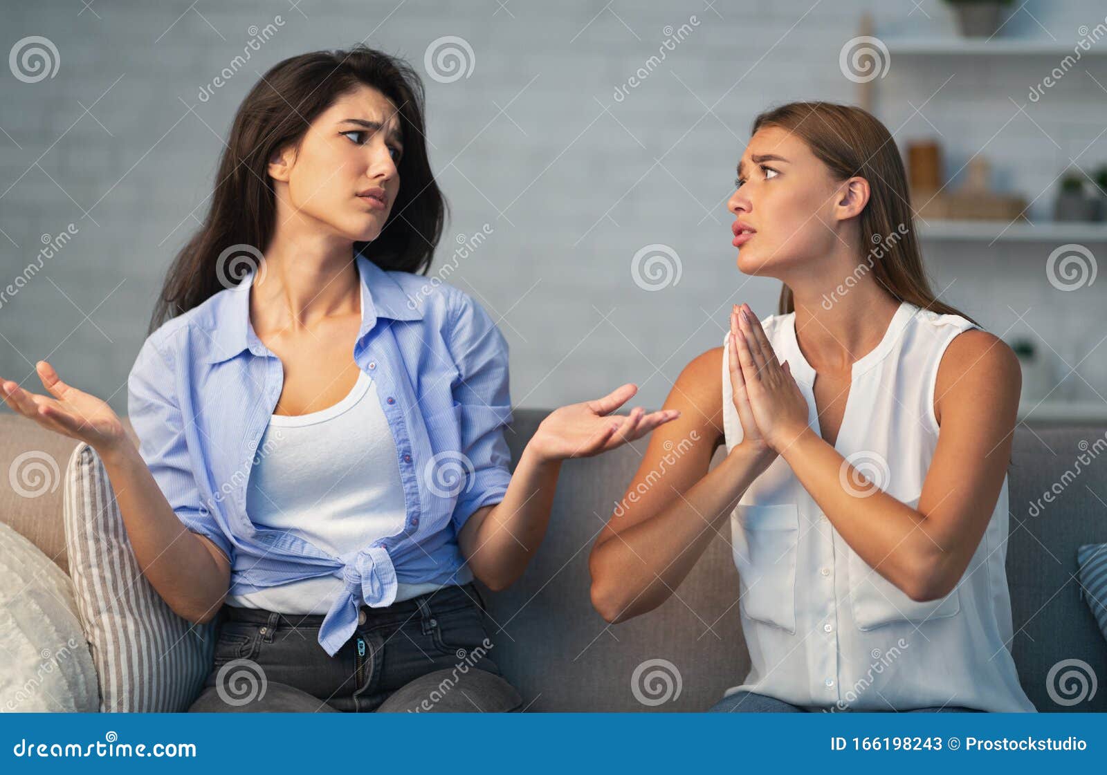 Girl Refusing To Do Favor For Friend Sitting On Sofa Stock Image Image Of Hands Friendship
