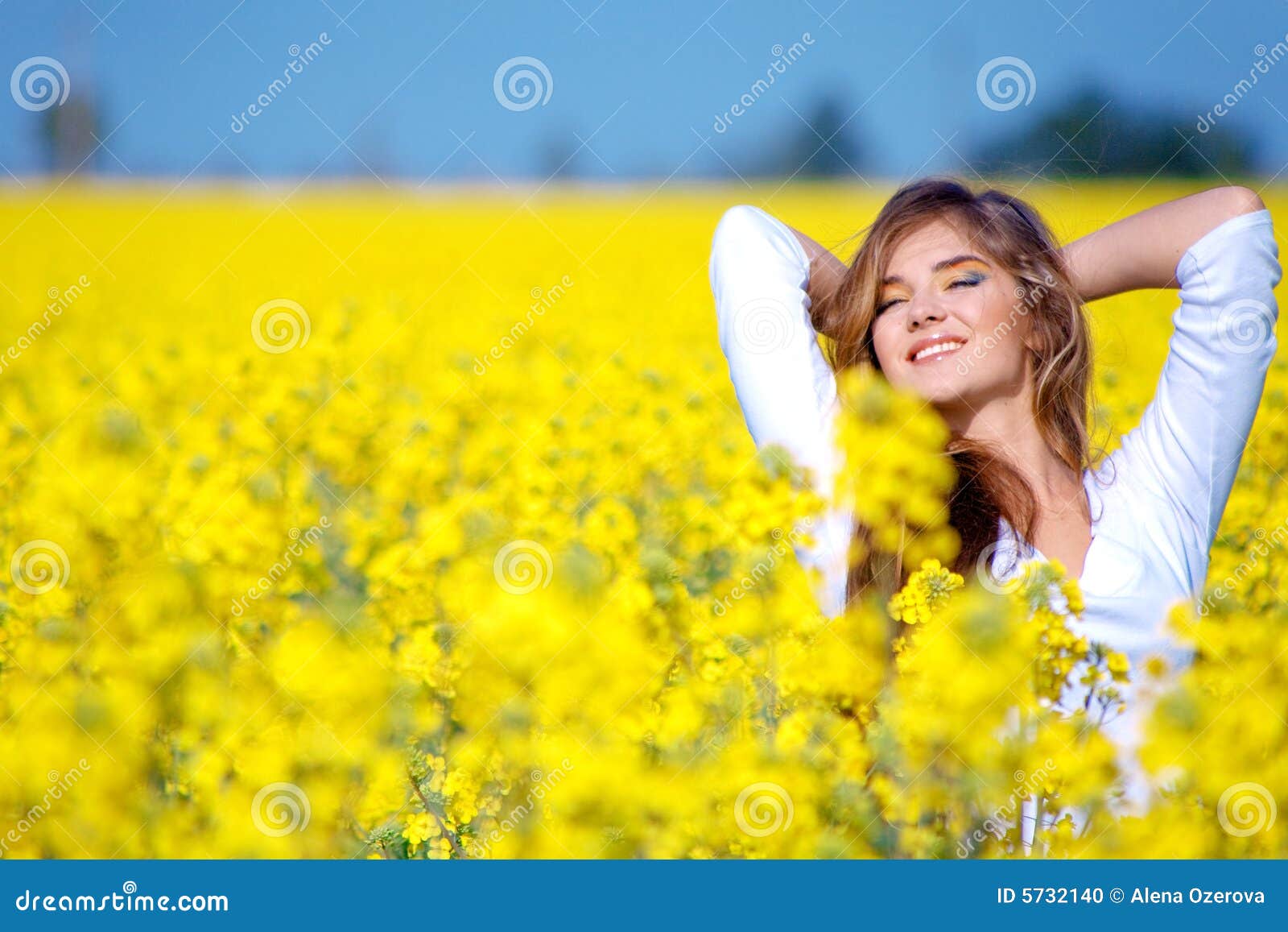 Girl Relaxing in Field of Flowers Stock Photo - Image of cheerful ...