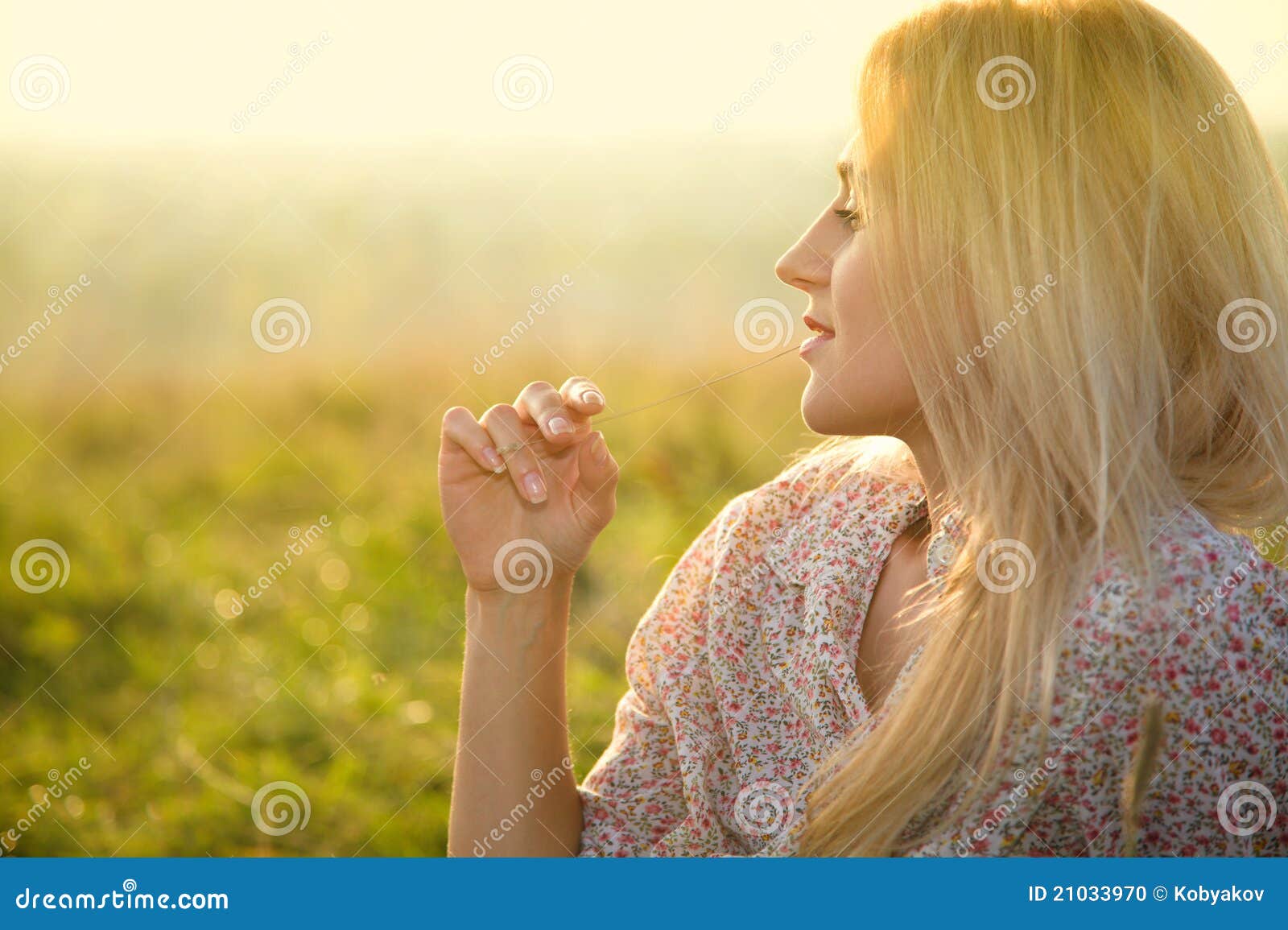 Girl is Relaxing on Green Field Stock Photo - Image of biting ...