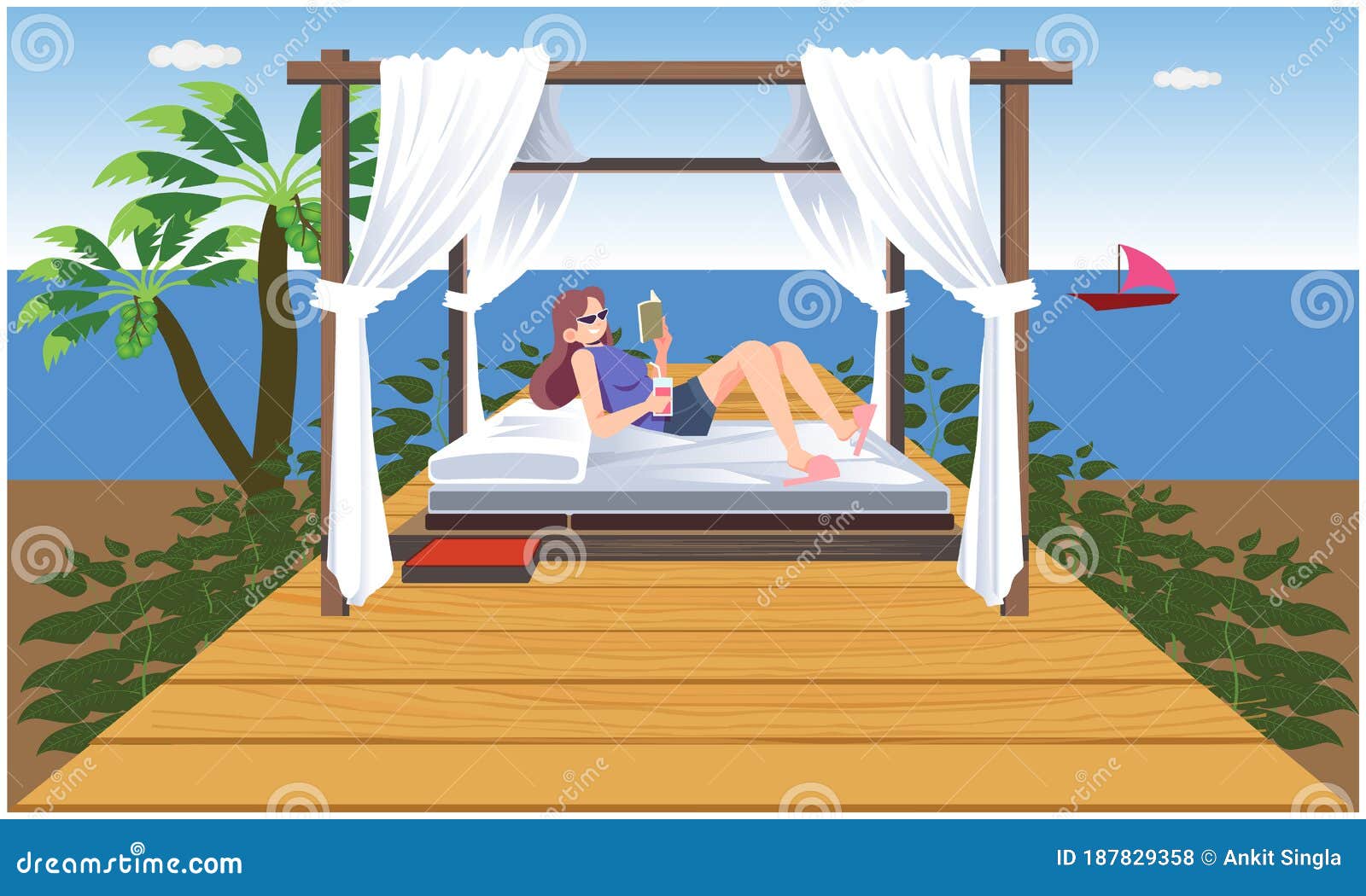 Girl is Relaxing and Reading Book on the Beach Stock Vector ...