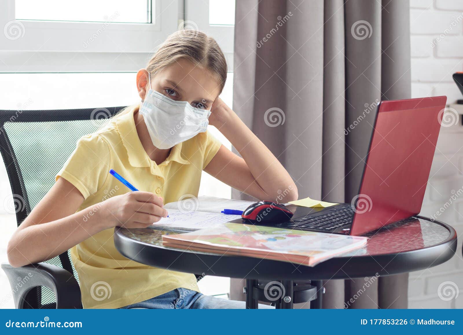 The Girl is Remotely Studying at School, Distracted and Looked into the ...
