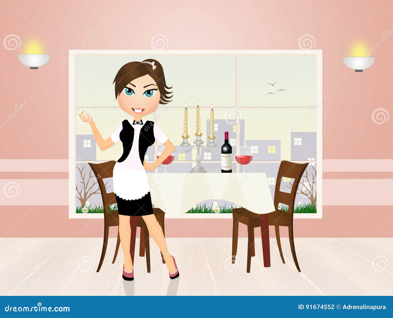 Girl in the restaurant stock illustration. Illustration of lunch - 91674552