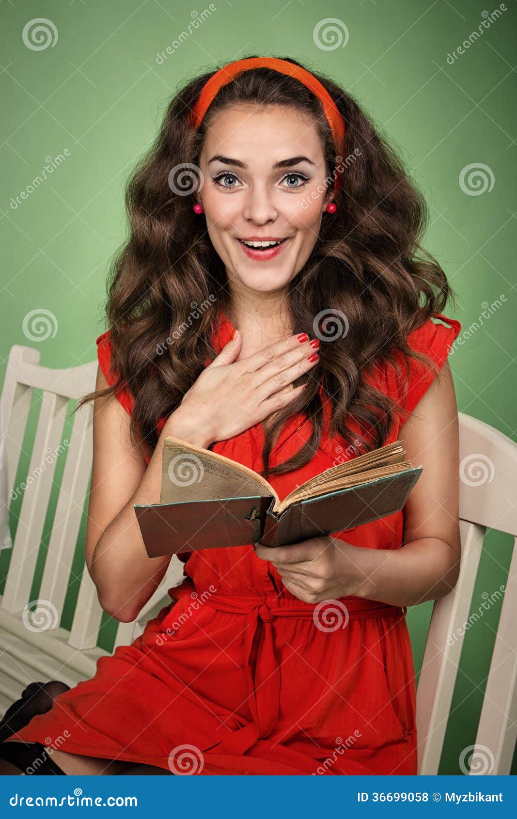 Girl in Retro Style with Emotions Reading a Book Stock Photo - Image of ...