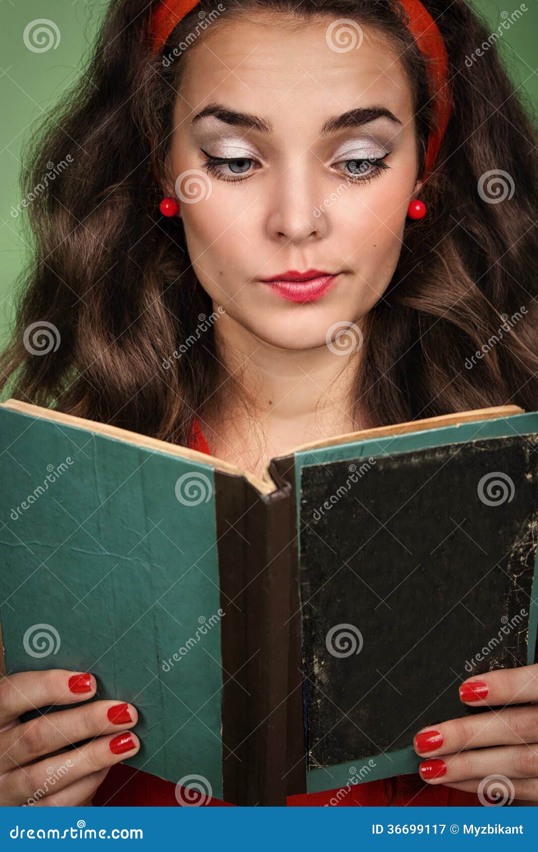Girl in Retro Style with Emotions Reading a Book Stock Image - Image of ...