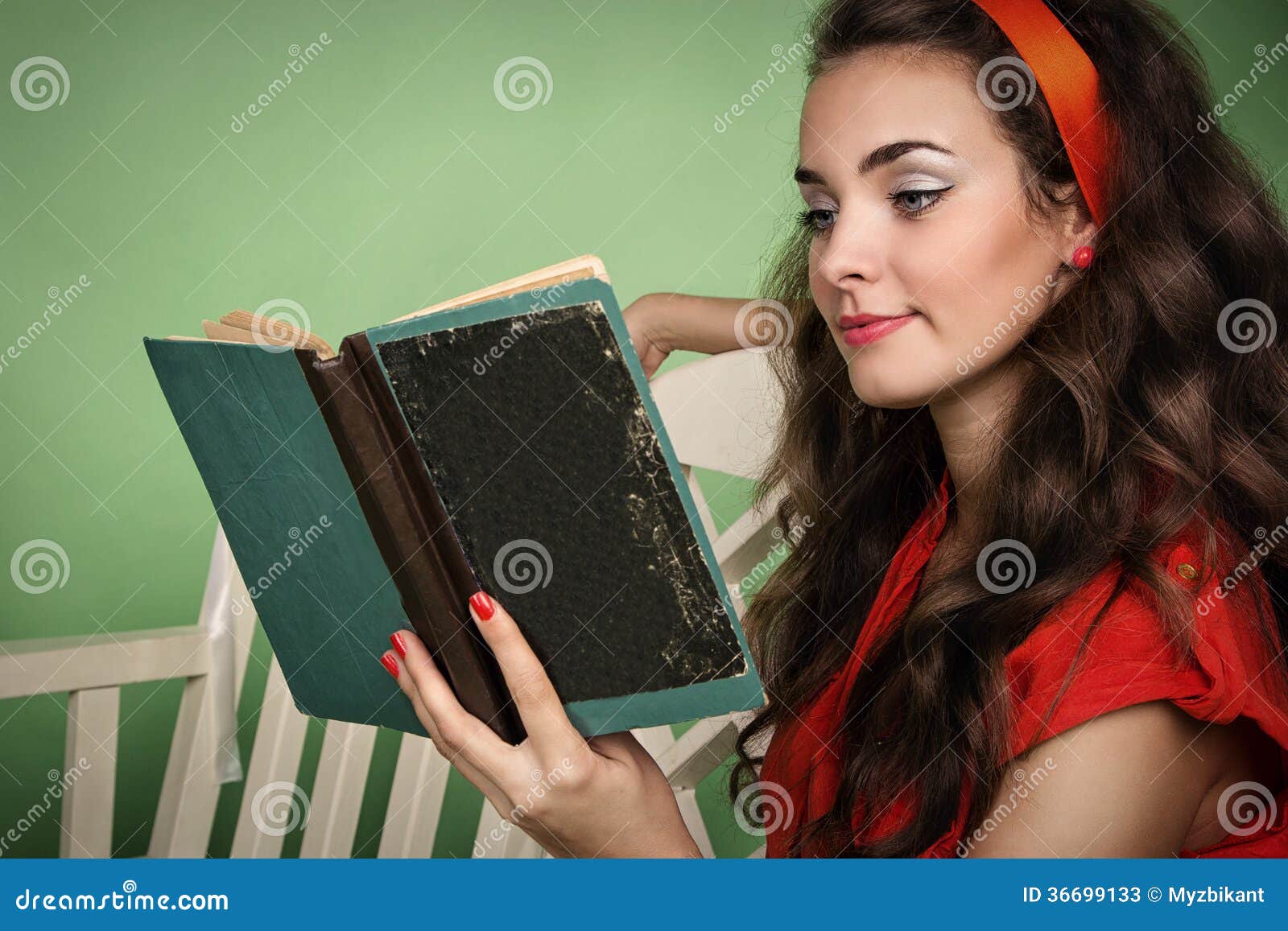 Girl in Retro Style with Emotions Reading a Book Stock Image - Image of ...