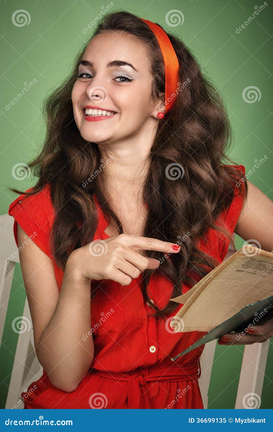Girl in Retro Style with Emotions Reading a Book Stock Image - Image of ...